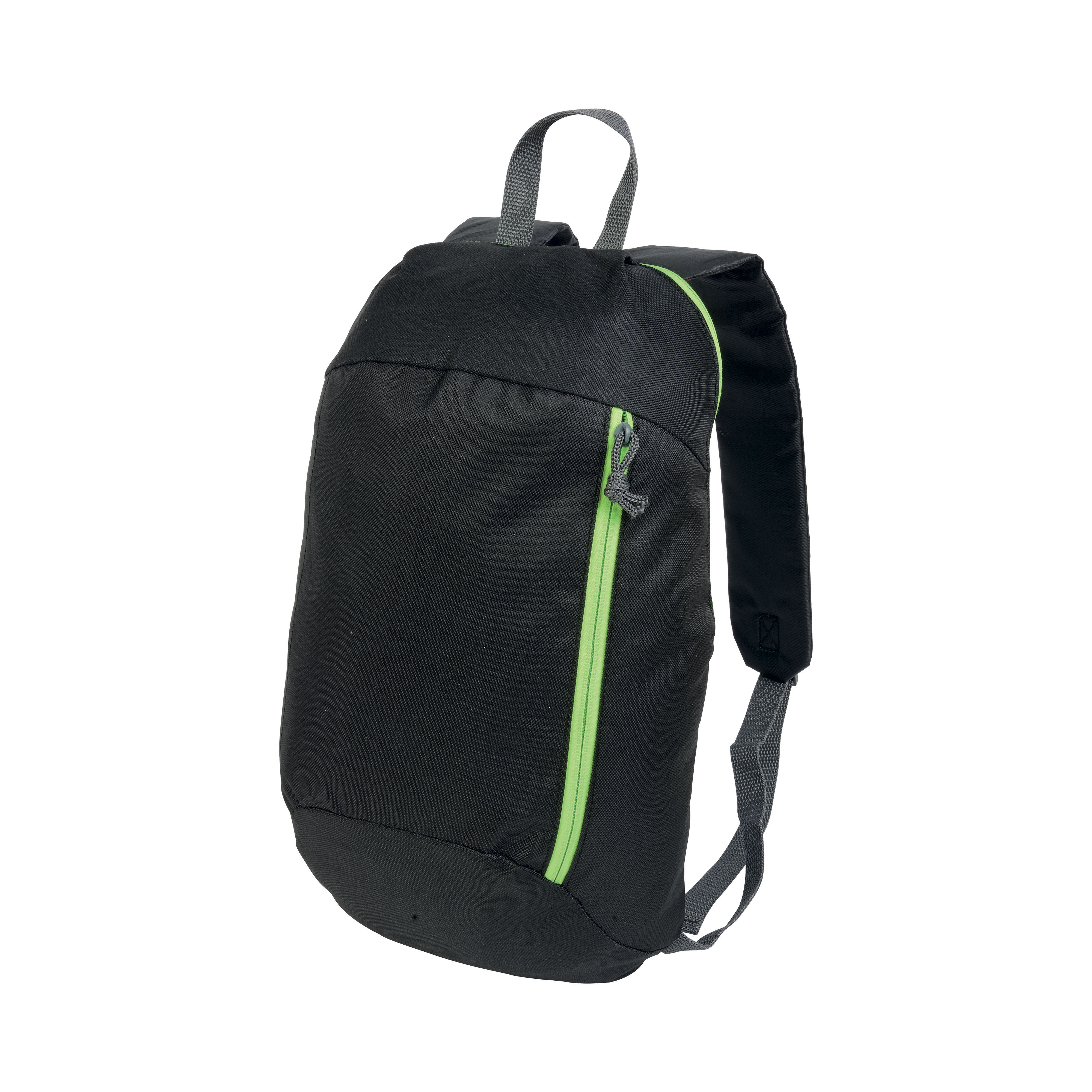Black 600D polyester backpack with 2 pockets and coloured zips. Padded ...